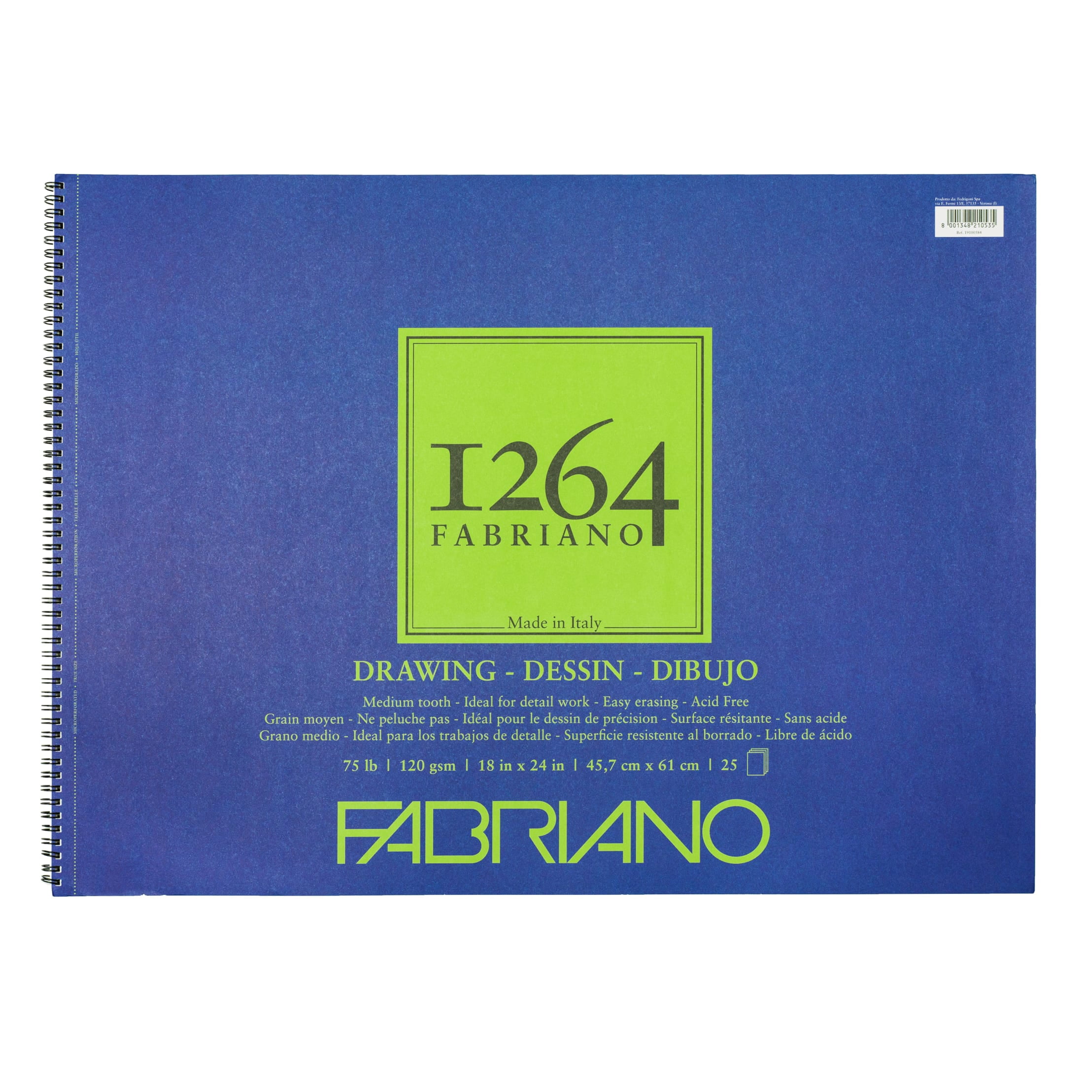 Fabriano 1264 Drawing Pad, 18 inx24 in, 75 lb, 25 Sheets, 100% Alpha ...