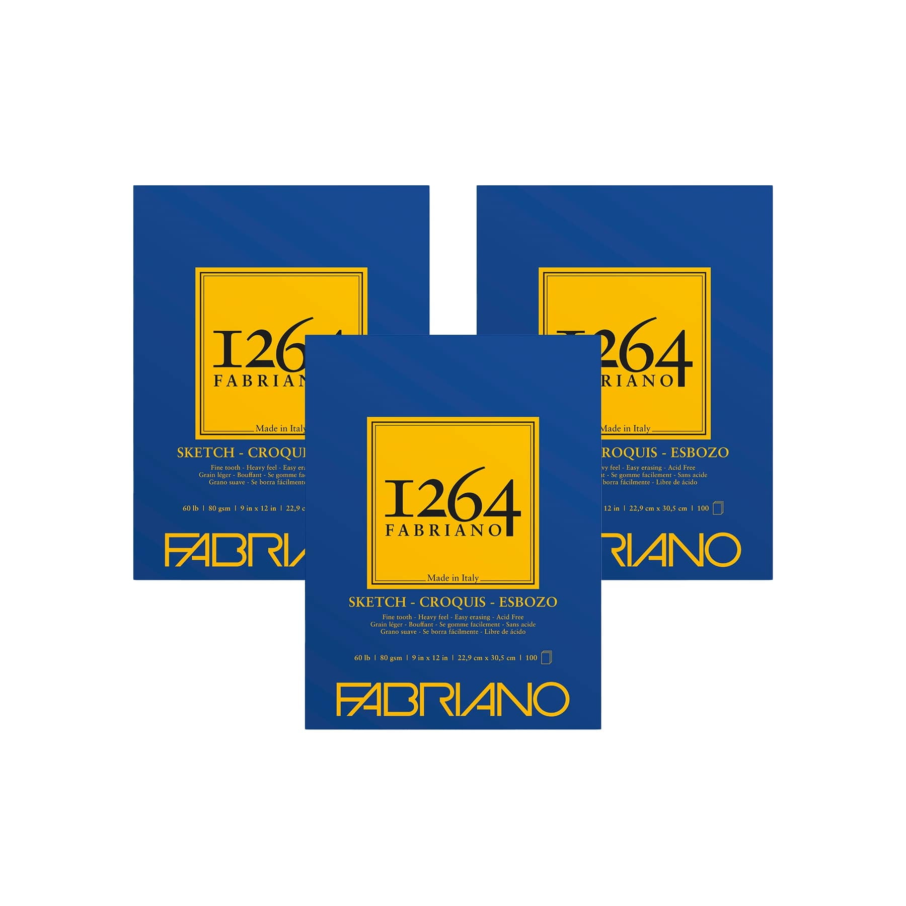 Fabriano 1264 Sketch Pad, Glue Bound, 9”x12”, 60 lb, 100 Sheets, 100% ...
