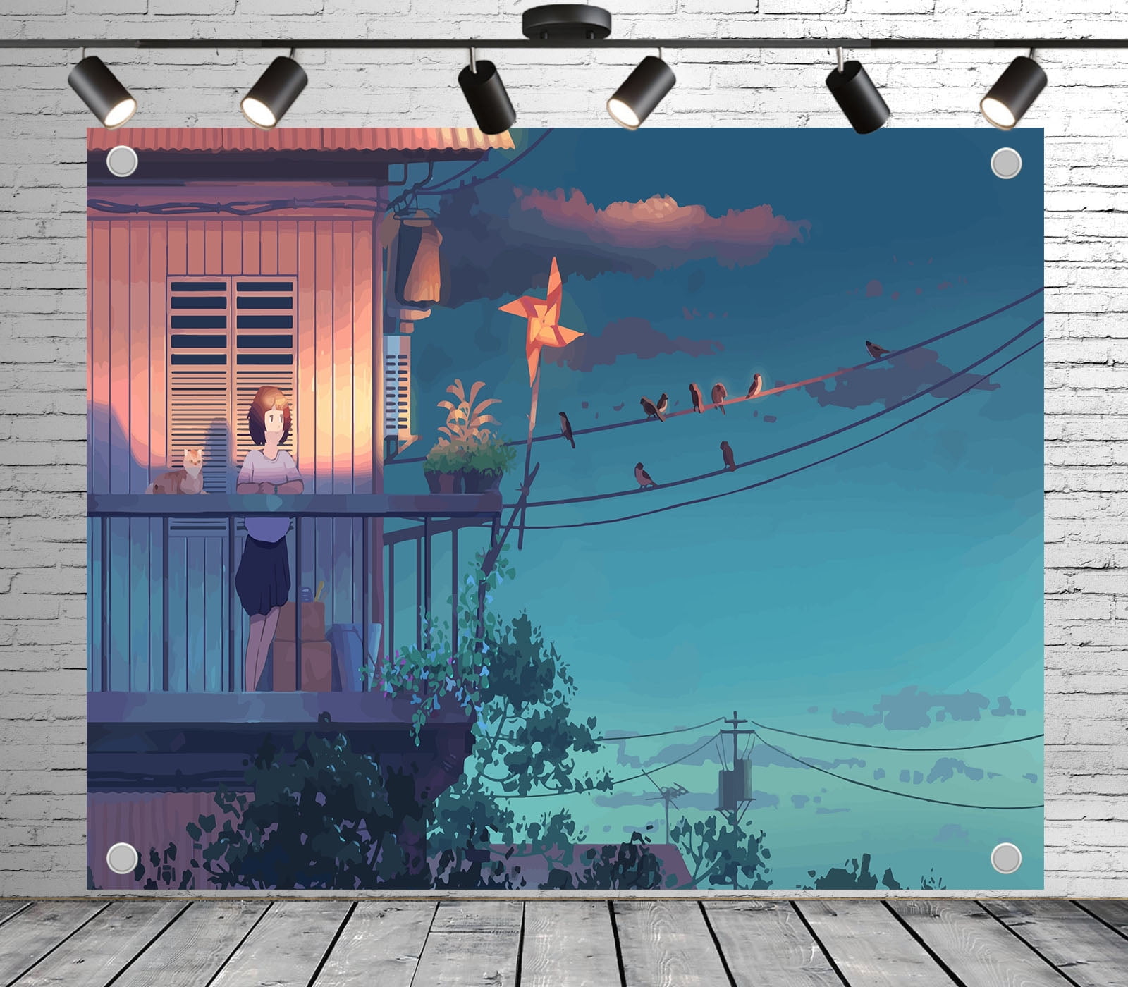 Fabric Anime Style Balcony & Sunset Sky Backdrop（Suitable for Home ...