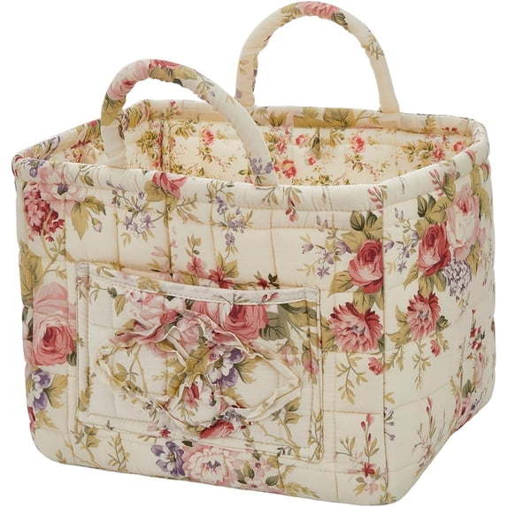 Fabric Basket Organizer Floral Quilted Foldable With Handles Neutral ...