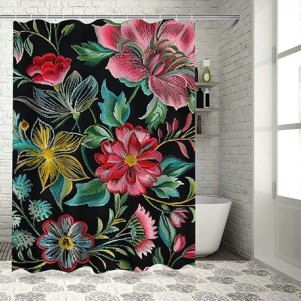 Fabric Bathroom Curtain Floral Pattern Pink Roses Beauty Flower Needle ...