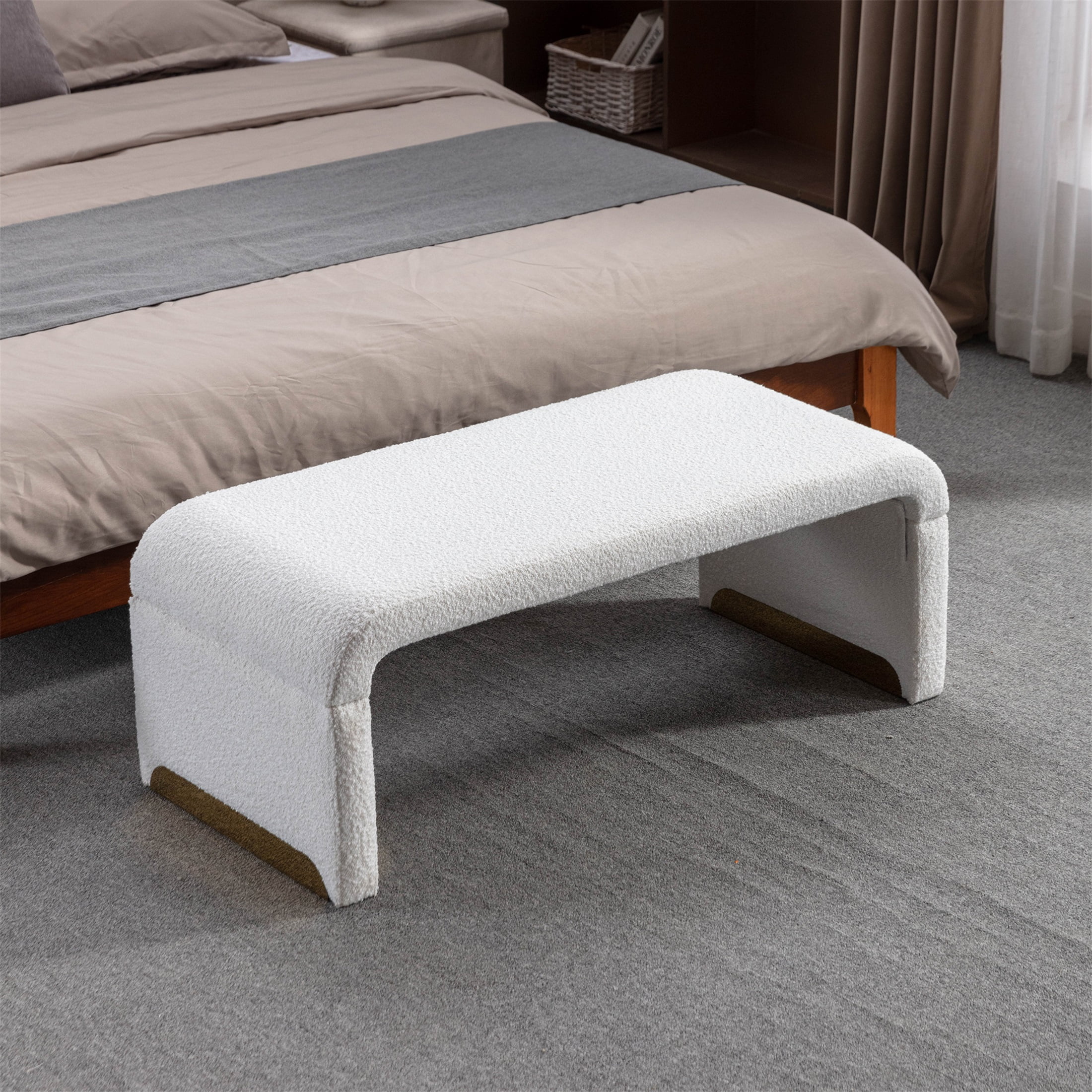 Fabric Bedroom Bench - Ottoman Footstool - Ivory White - Gold Metal ...