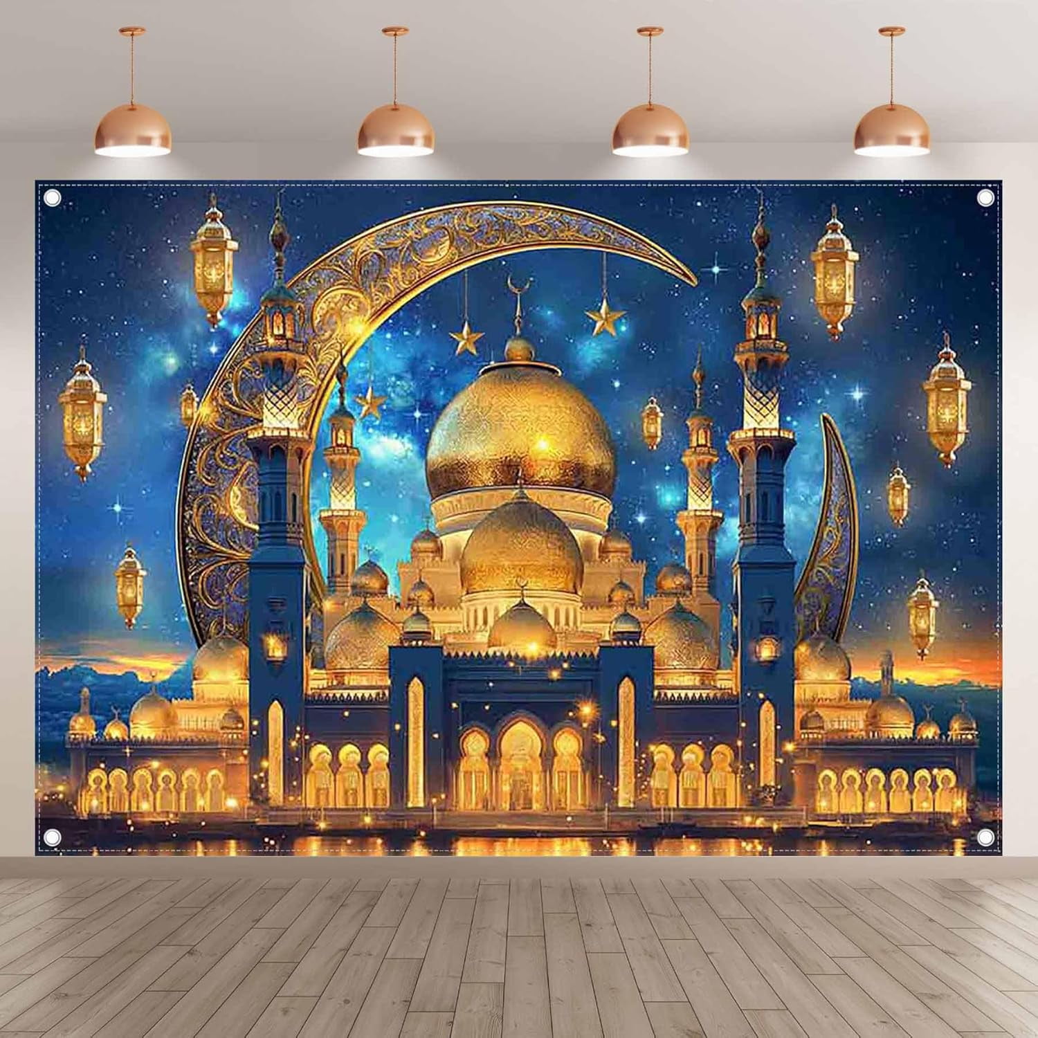 Fabric Blue Ramadan Mubarak Backdrop Eid Muslim Moon Stars Lanterns ...