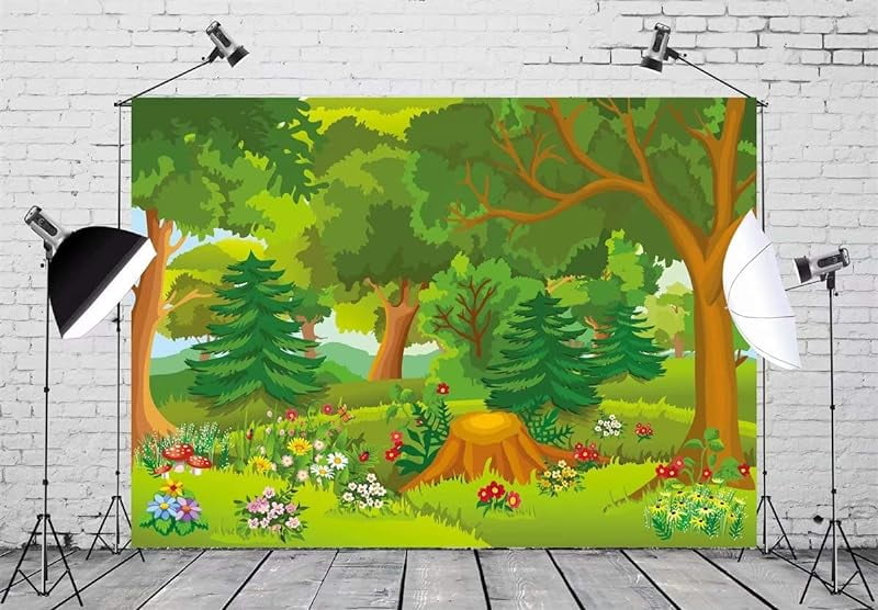Fabric Cartoon Forest Backdrop Fairytale Forest with Flowers Mushroom ...