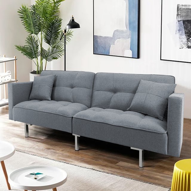 Gray Fabric Covered Couch Sleeper Futon Sofa Bed with Adjustable ...