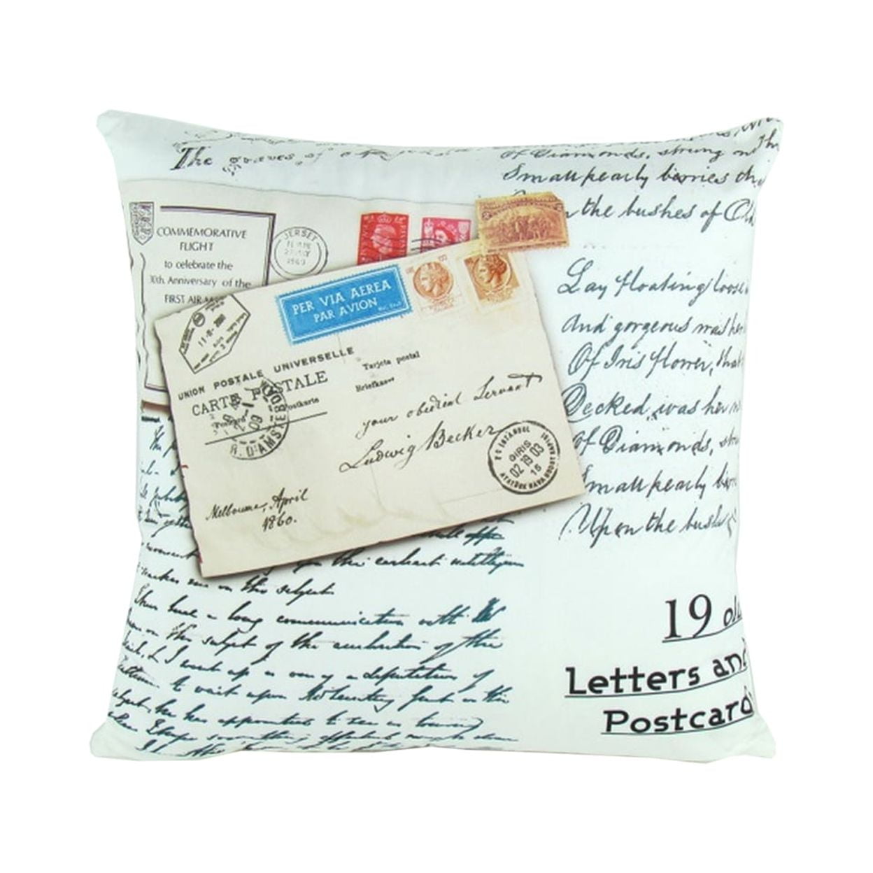 Fabric Decorative Pillow with Postcard Prints, White - Saltoro Sherpi ...