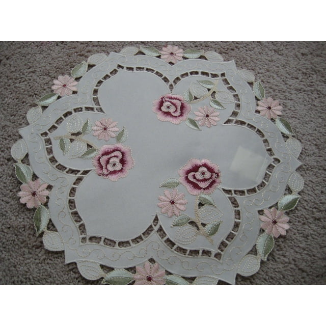 Fabric Doily round Rose flower embroidered lace cutwork 15" diameter ...