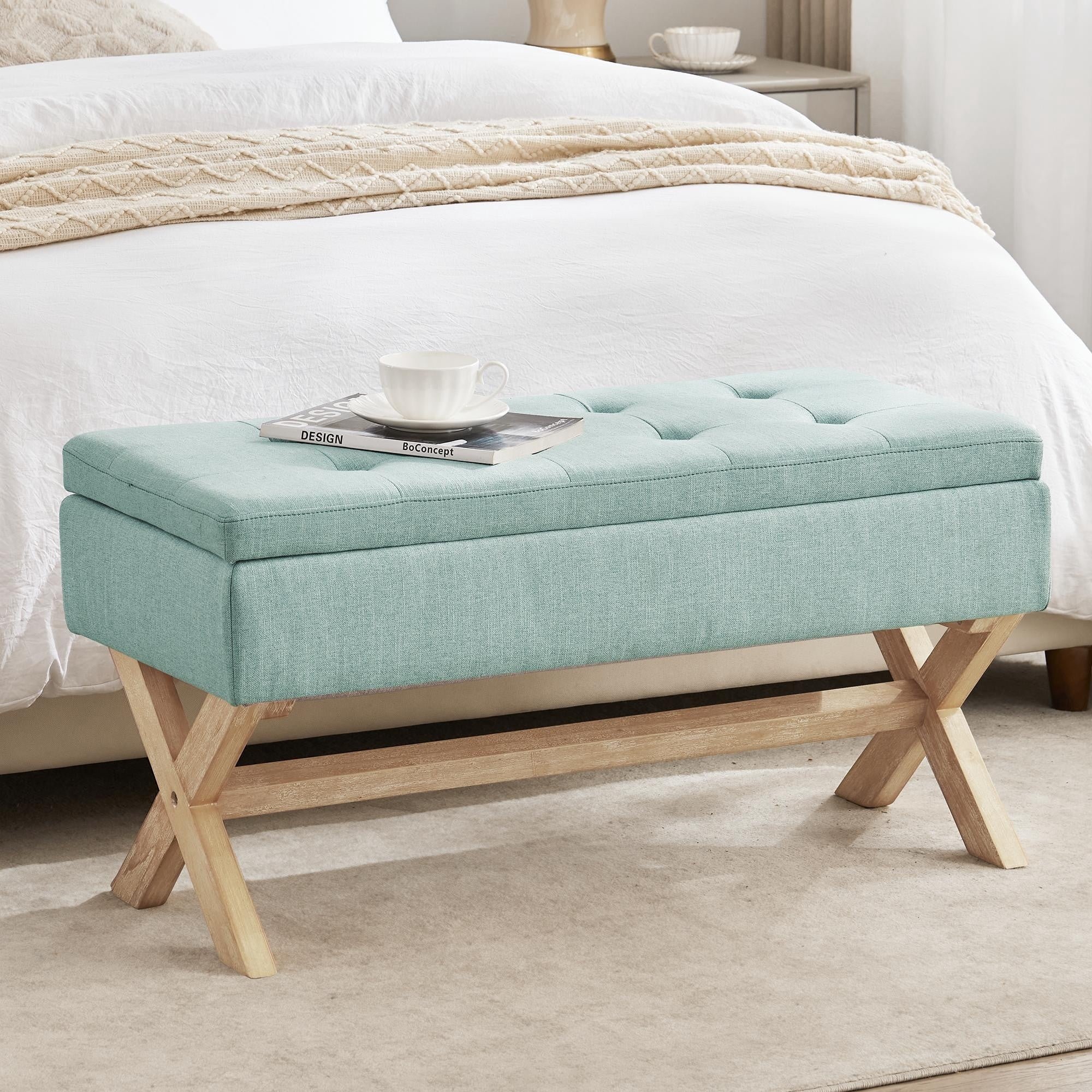Fabric Entryway Bench Beige/ Grey Upholstered Storage Bench with X ...