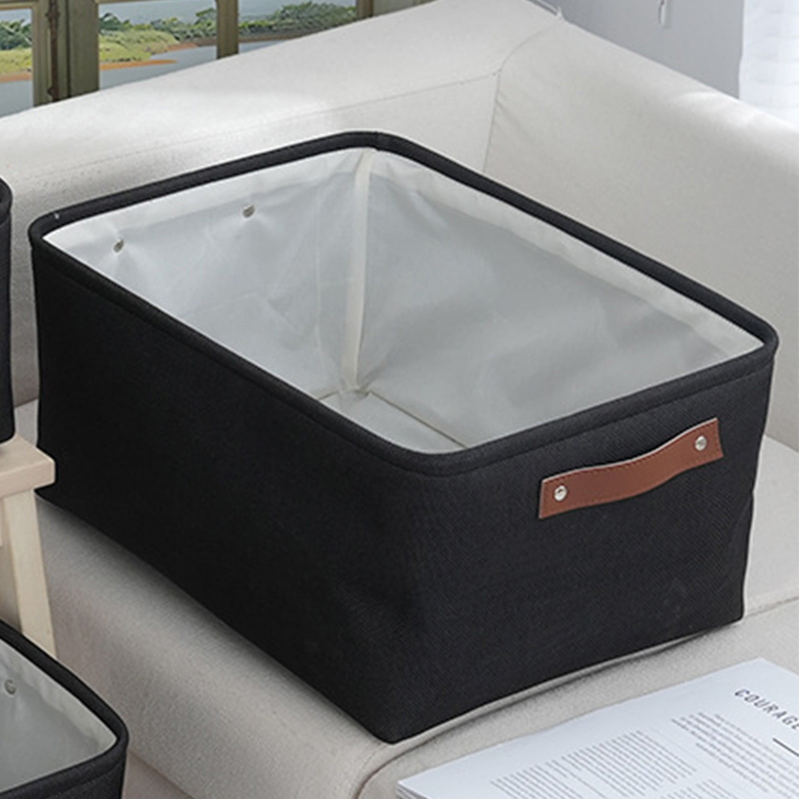 Fabric Foldable Storage Basket with Reinforced Leather Handles, Durable ...