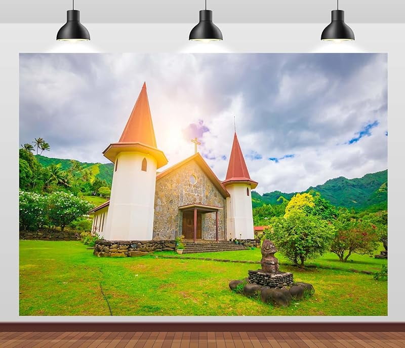 Fabric French Marquesas Catholic Church Photo Backdrop Green Mountain ...