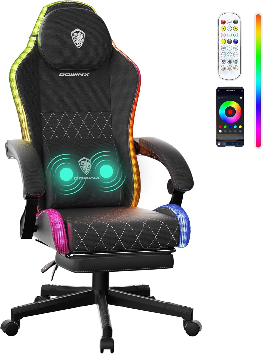 Dowinx Fabric Gaming Chair, LED Game Chair with Massage Lumbar Support ...