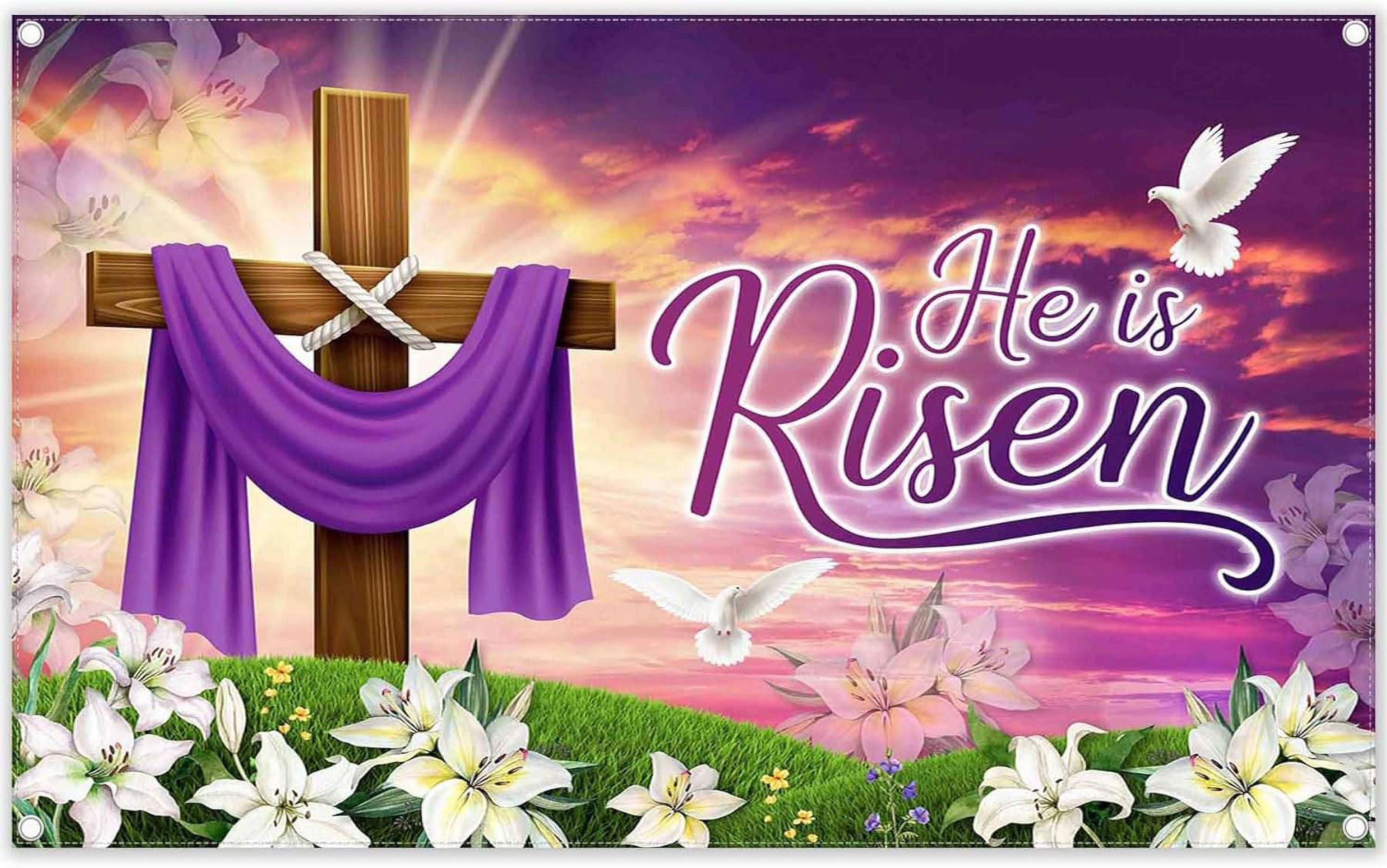 Fabric He is Risen Jesus Backdrop Easter Christian Cross Lily Religious ...