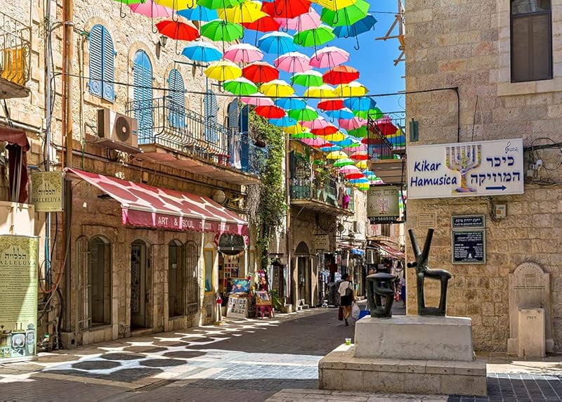 Fabric Jerusalem Narrow Street Backdrop Umbrellas Street Multicolored ...