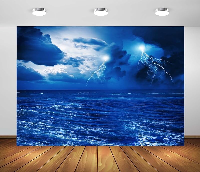 Fabric Lightning Storm Backdrop Dark Blue Sky Clouds Ocean Waves ...
