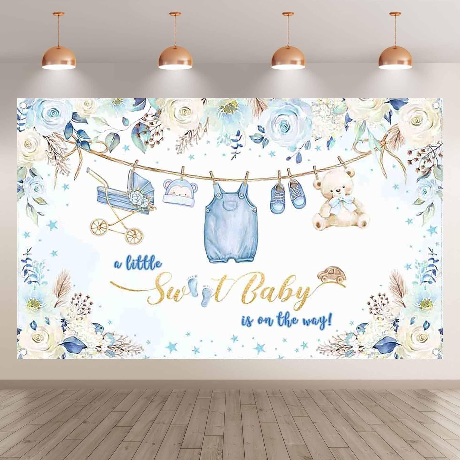 Fabric A Little Sweet Baby Backdrop Watercolor Blue Floral Eucalyptus ...