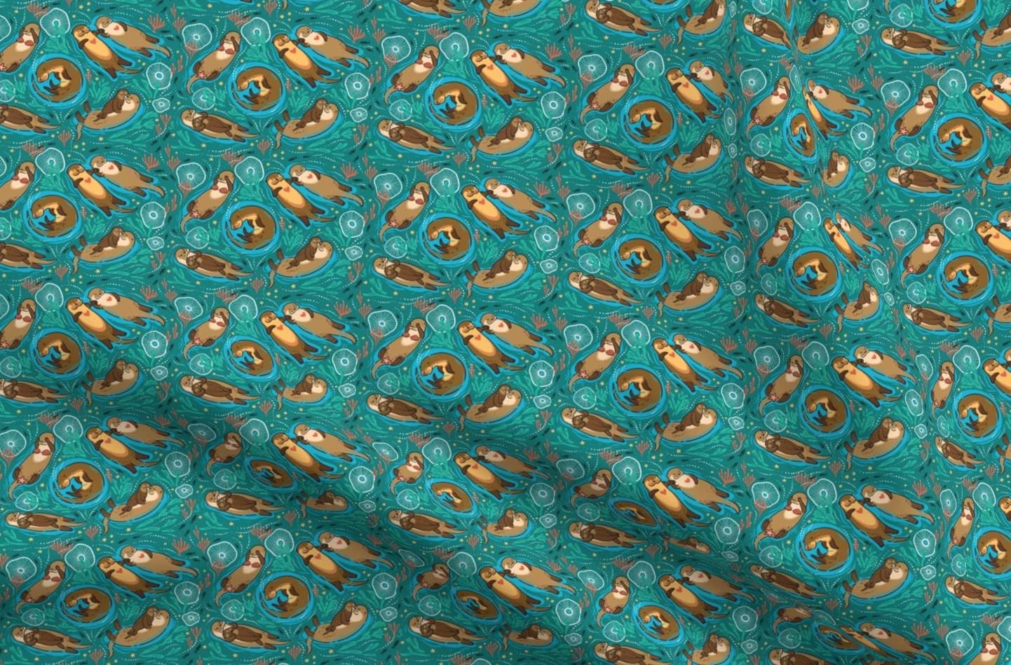 Fabric - Love Otters Otter Green Sea Sweet Swim Floating Couple River ...
