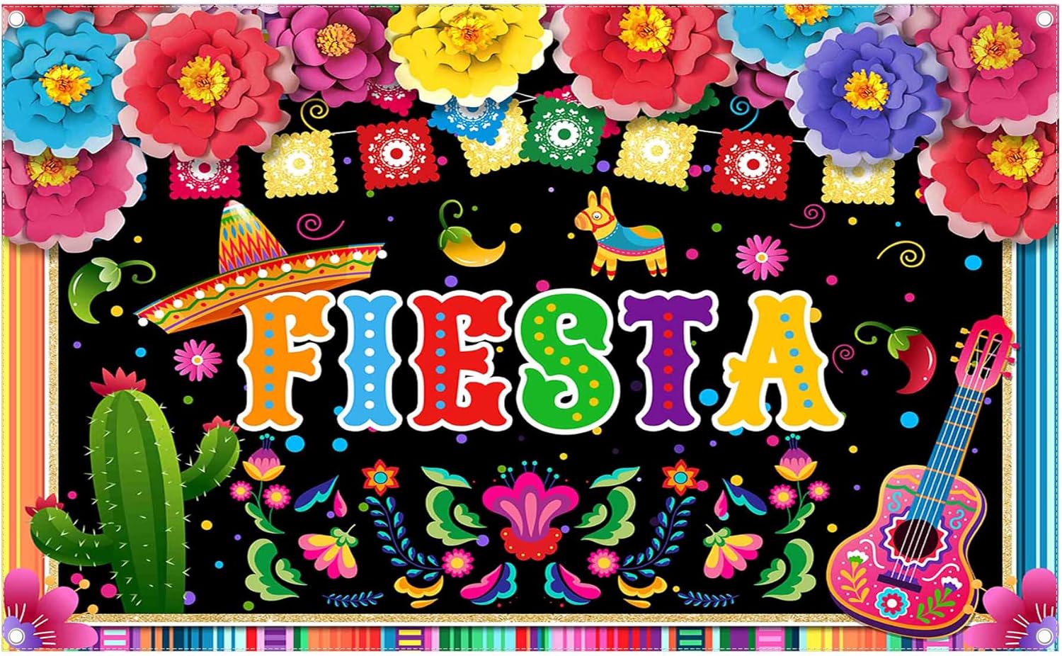 Fabric Mexican Fiesta Backdrop Cinco De Mayo Colorful Flags Flowers ...
