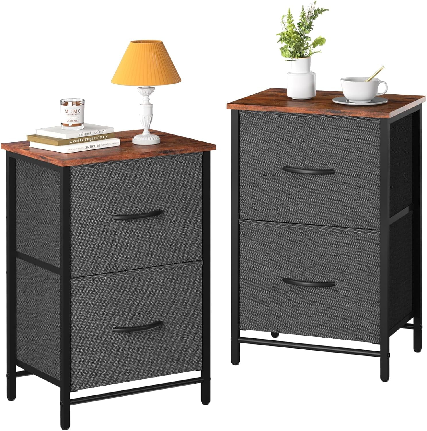 Fabric Nightstand Set of 2 - Small Wood Bedside Tables with Storage ...