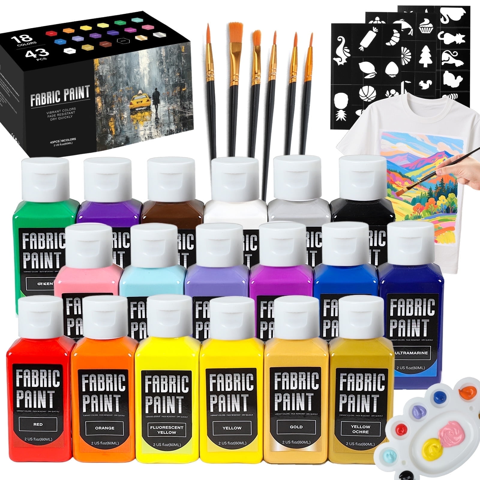 TMOL Acrylic Fabric Paint Set, 18 Vibrant Colors 2oz, Permanent, Non ...