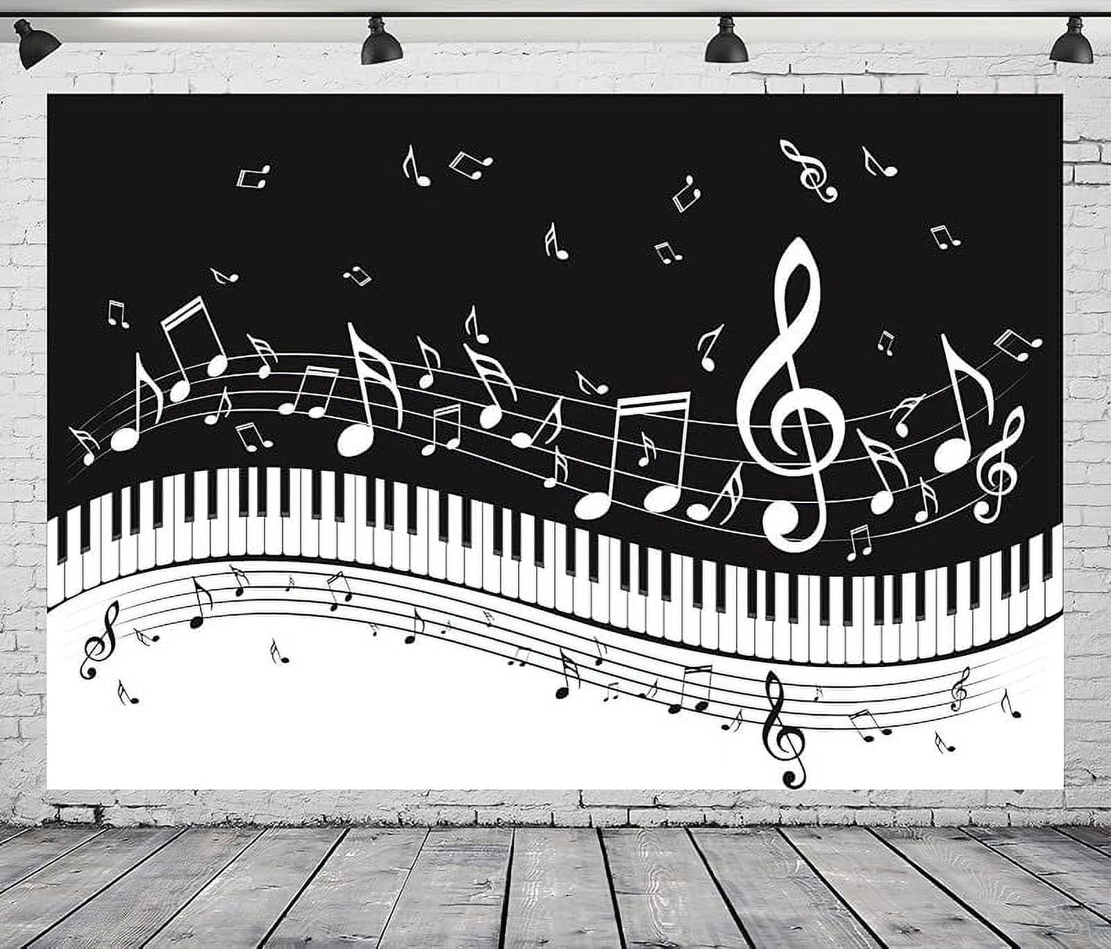 Fabric Piano Music Backdrop Musical Note Keys Black and White ...