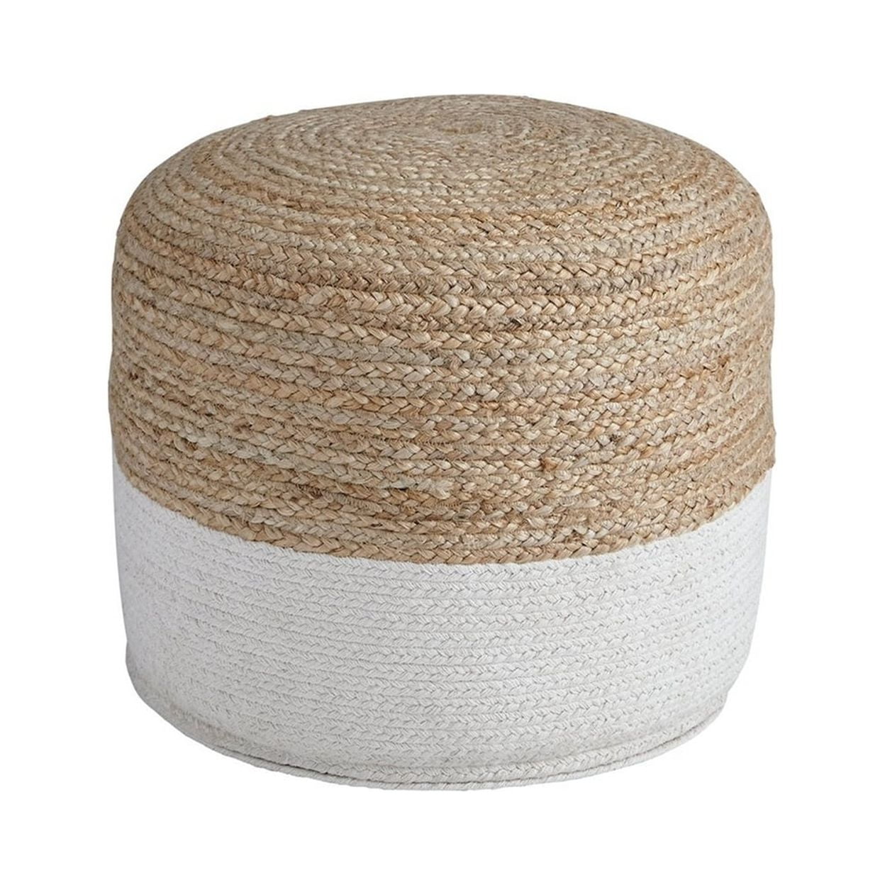 Benjara 19" Round Modern Fabric Pouf with Braided Jute Pattern in Brown ...