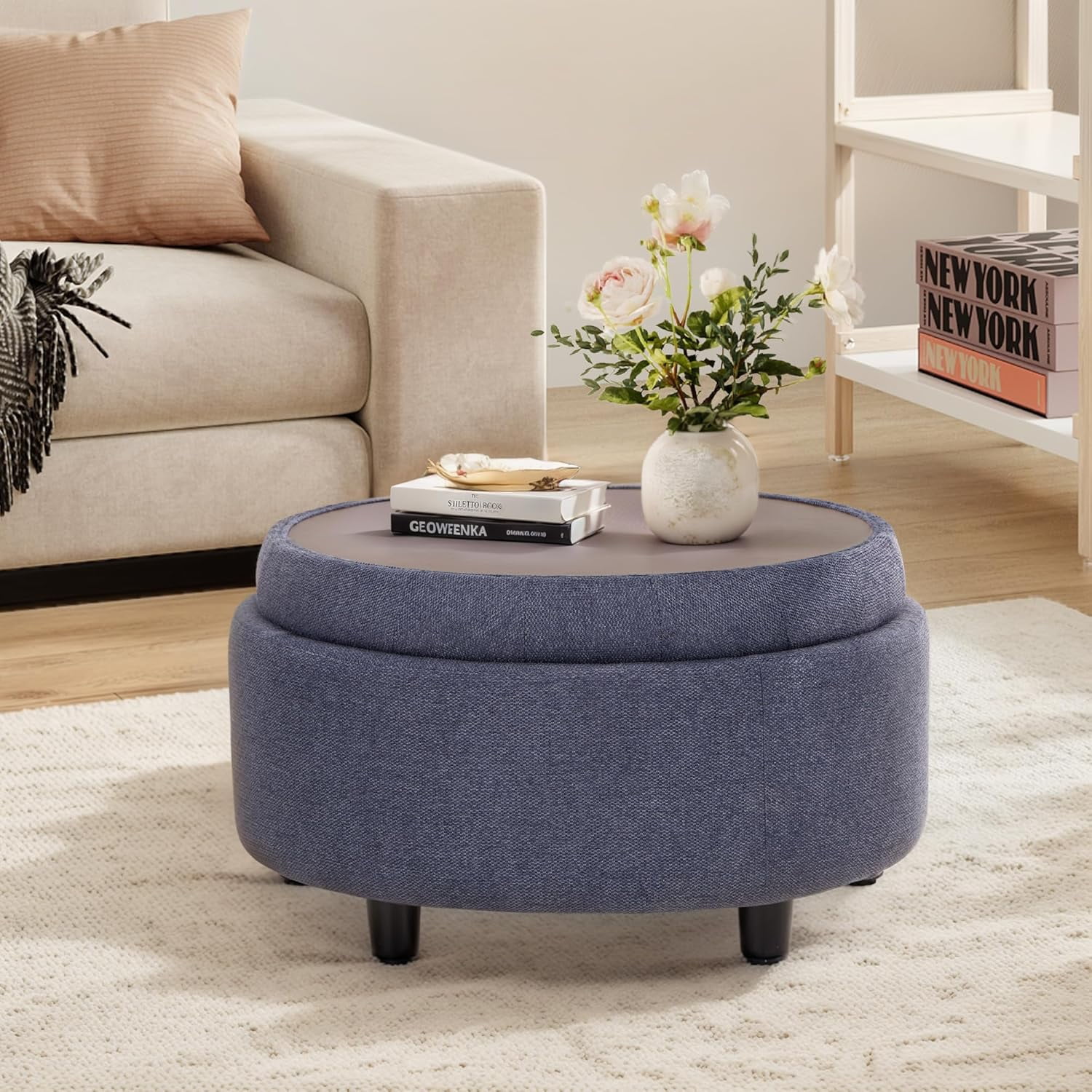Fabric Round Storage Ottoman with Reversible Tray Lid – Multi ...