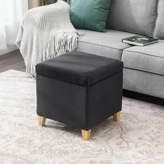 Fabric Script Pattern Cube Storage Footstool, Hinged Lid, Solid Wood ...