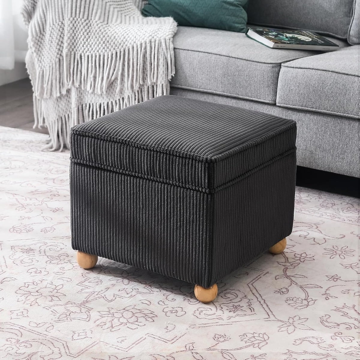 Fabric Script Pattern Cube Storage Footstool, Hinged Lid, Solid Wood ...