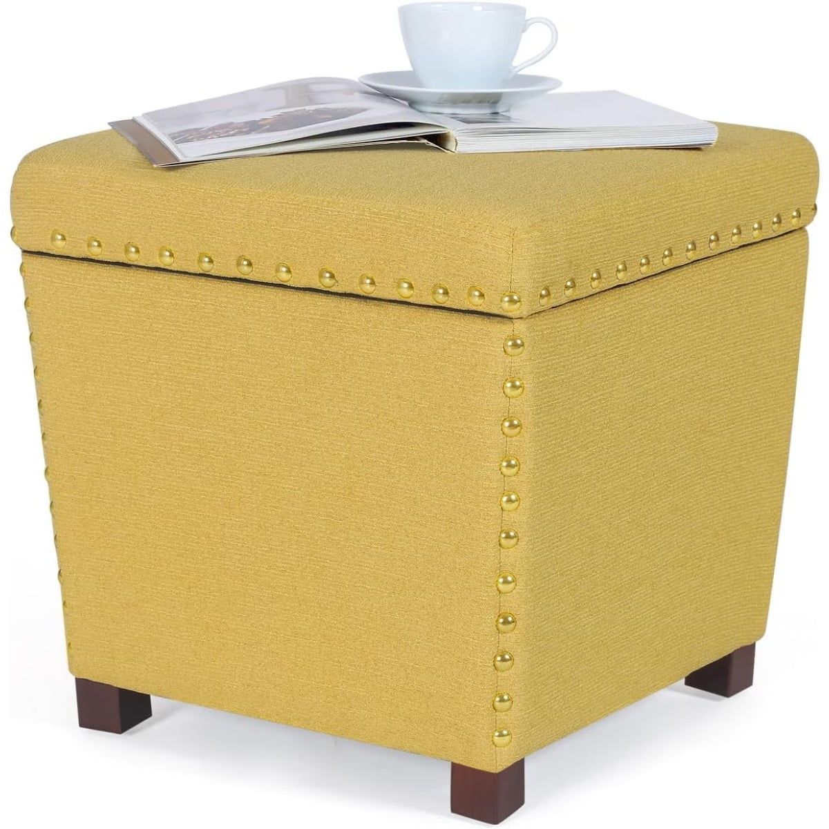 Fabric Script Pattern Cube Storage Footstool, Hinged Lid, Solid Wood ...