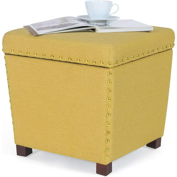 Fabric Script Pattern Cube Storage Footstool, Hinged Lid, Solid Wood ...