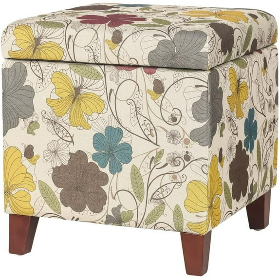 Fabric Script Pattern Cube Storage Footstool, Hinged Lid, Solid Wood ...