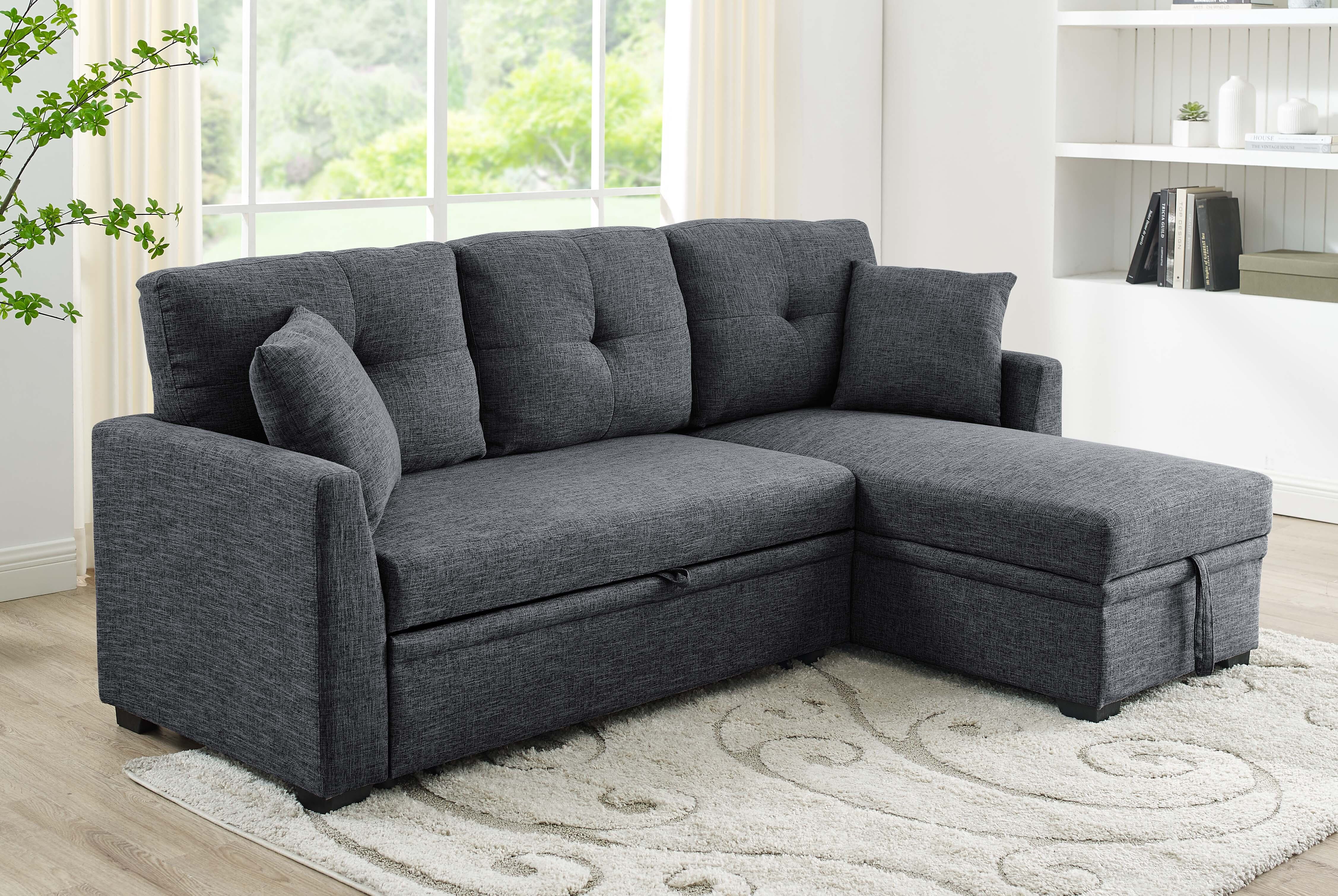 Fabric Sectionals 76.5" Linen Blend Upholstered Sectional with Pull-Out ...