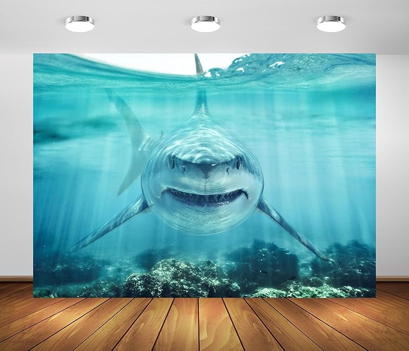 Fabric Shark Under The Sea Backdrop Great White Shark Underwater World ...