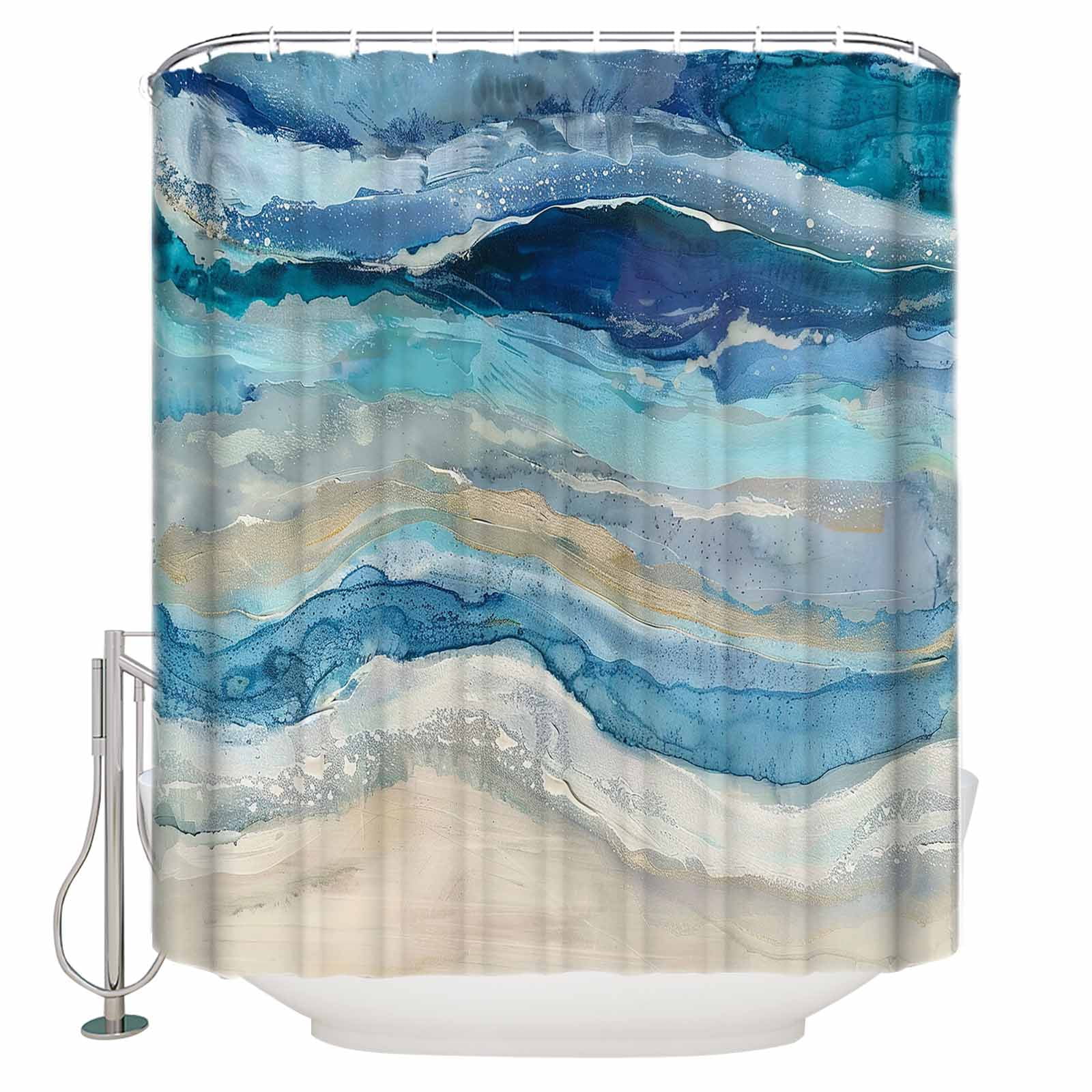 Fabric Shower Curtain Abstract Blue Gradient Beach Ocean Wave Oil Painting Shower Curtains with ...