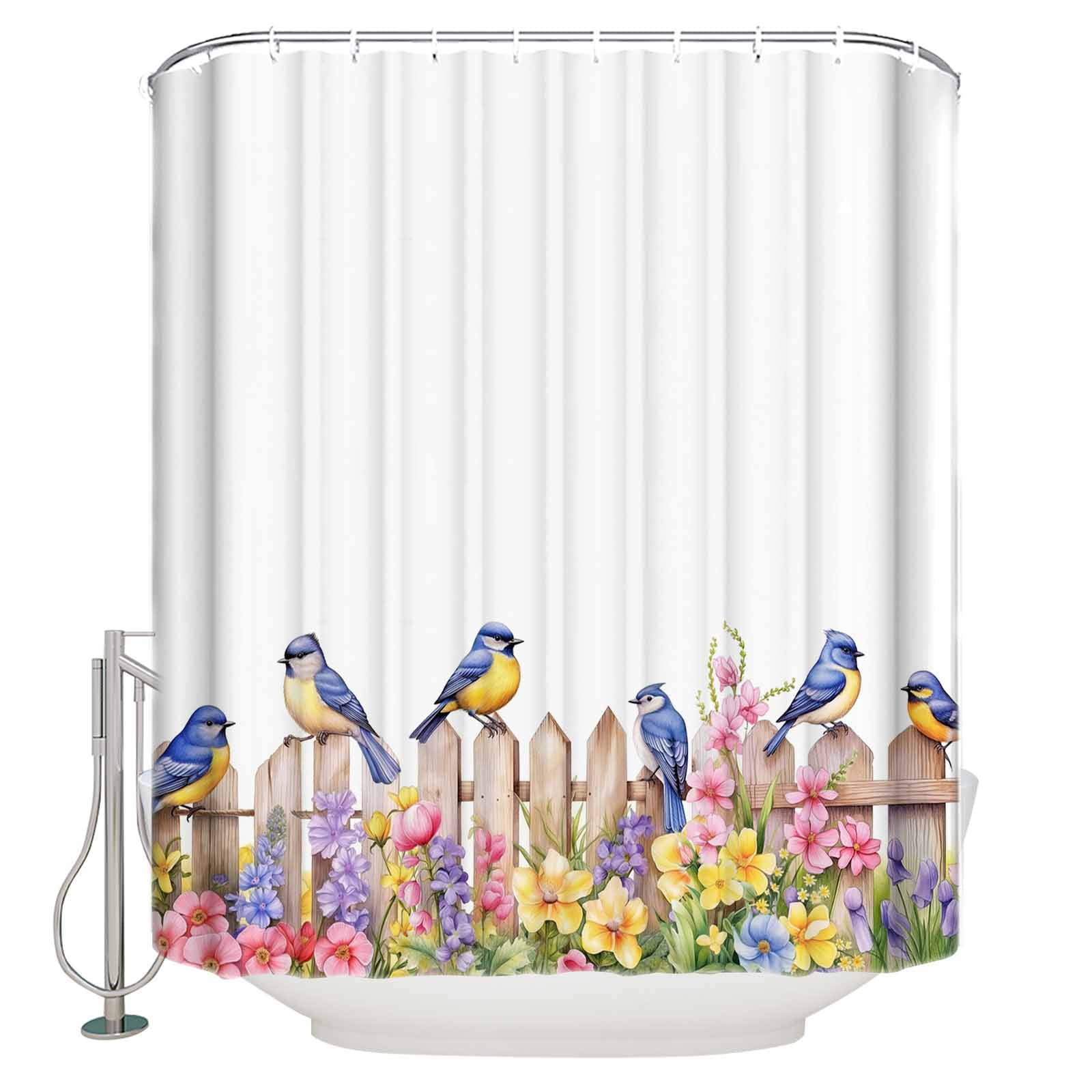 Fabric Shower Curtain, Blue Bird Country Fence Flower and Plant Pattern ...