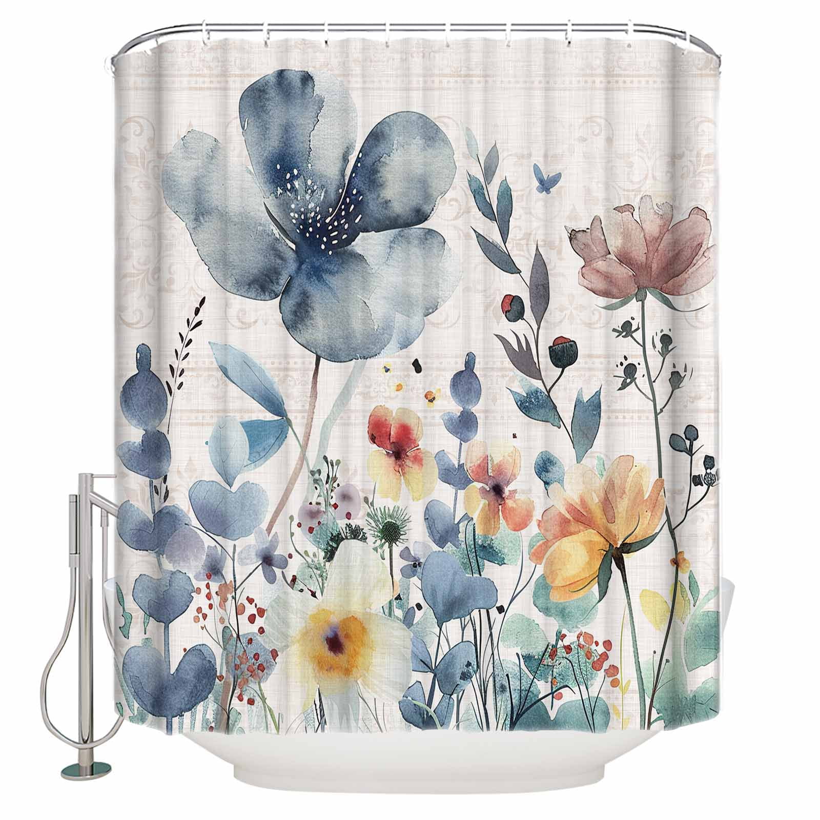 Fabric Shower Curtain, Blue Watercolor Flowers Linen Bathroom Curtain ...