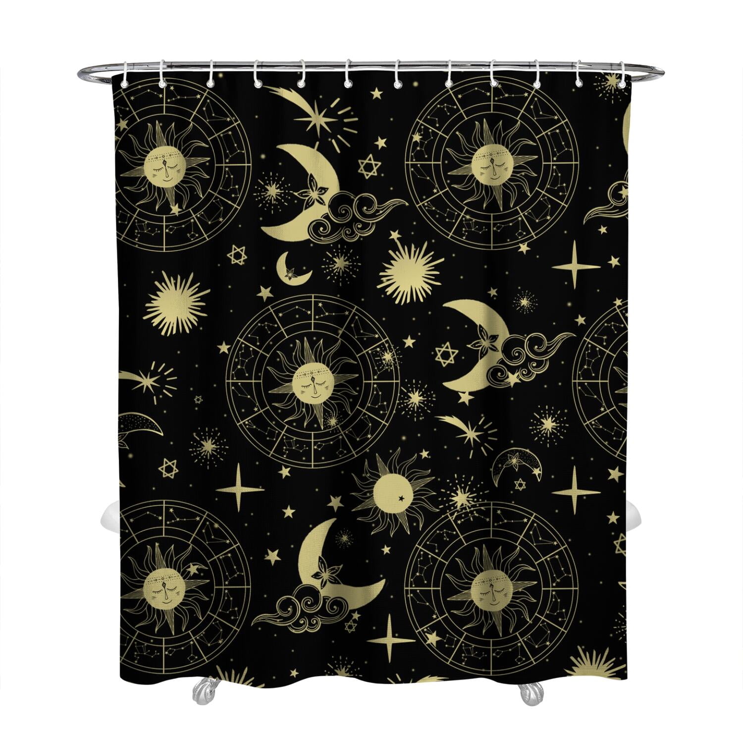 Fabric Shower Curtain with Celestial Gothic Patterns, Astral Moon and Star Design, Dark ...