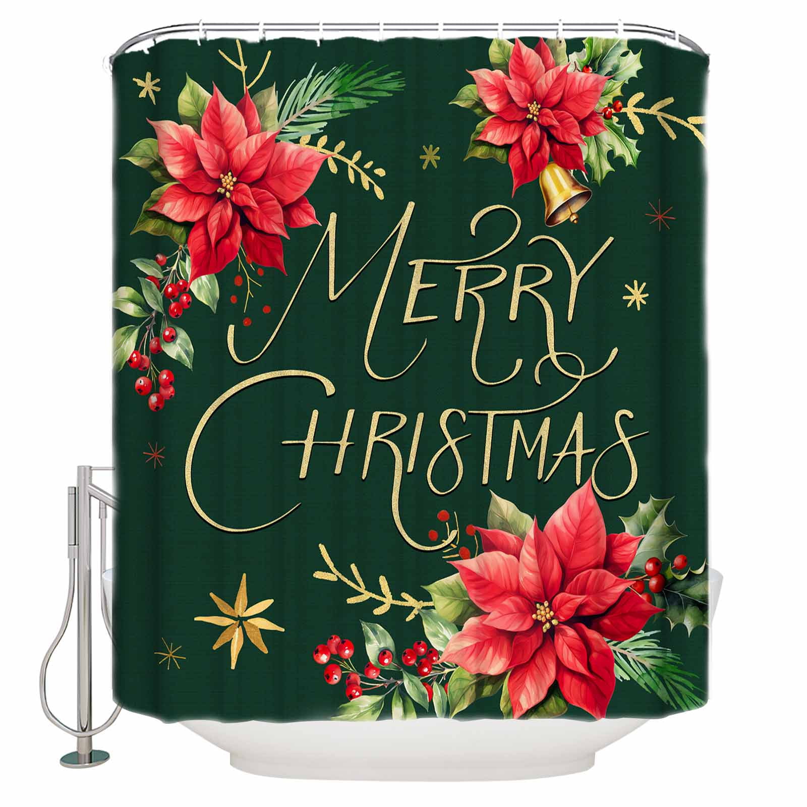 Fabric Shower Curtain, Christmas Flower Red Poinsettia Pine Needle Bell ...