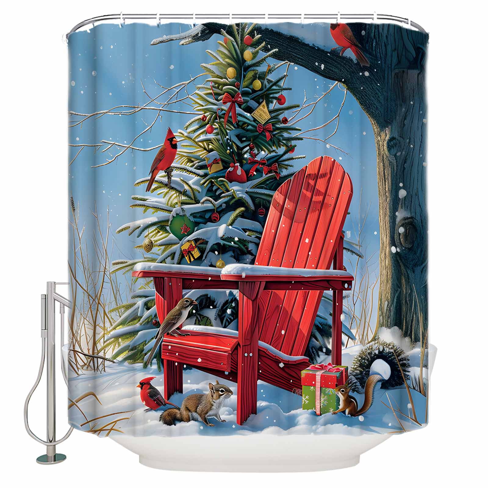 Fabric Shower Curtain, Christmas Red Rocking Chair Xmas Tree Pattern ...