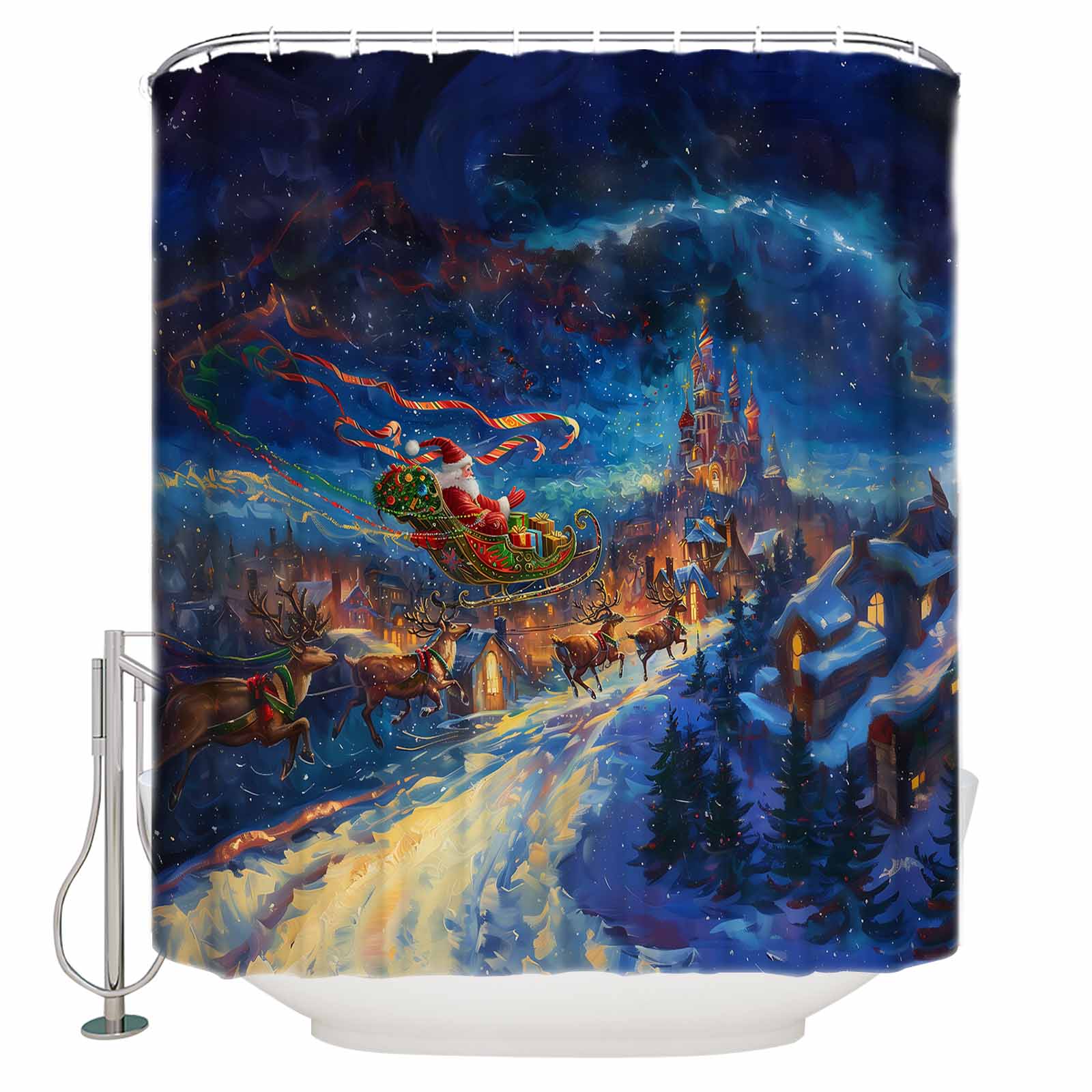 Fabric Shower Curtain, Christmas Santa Claus Sleigh Reindeer Aurora Oil ...