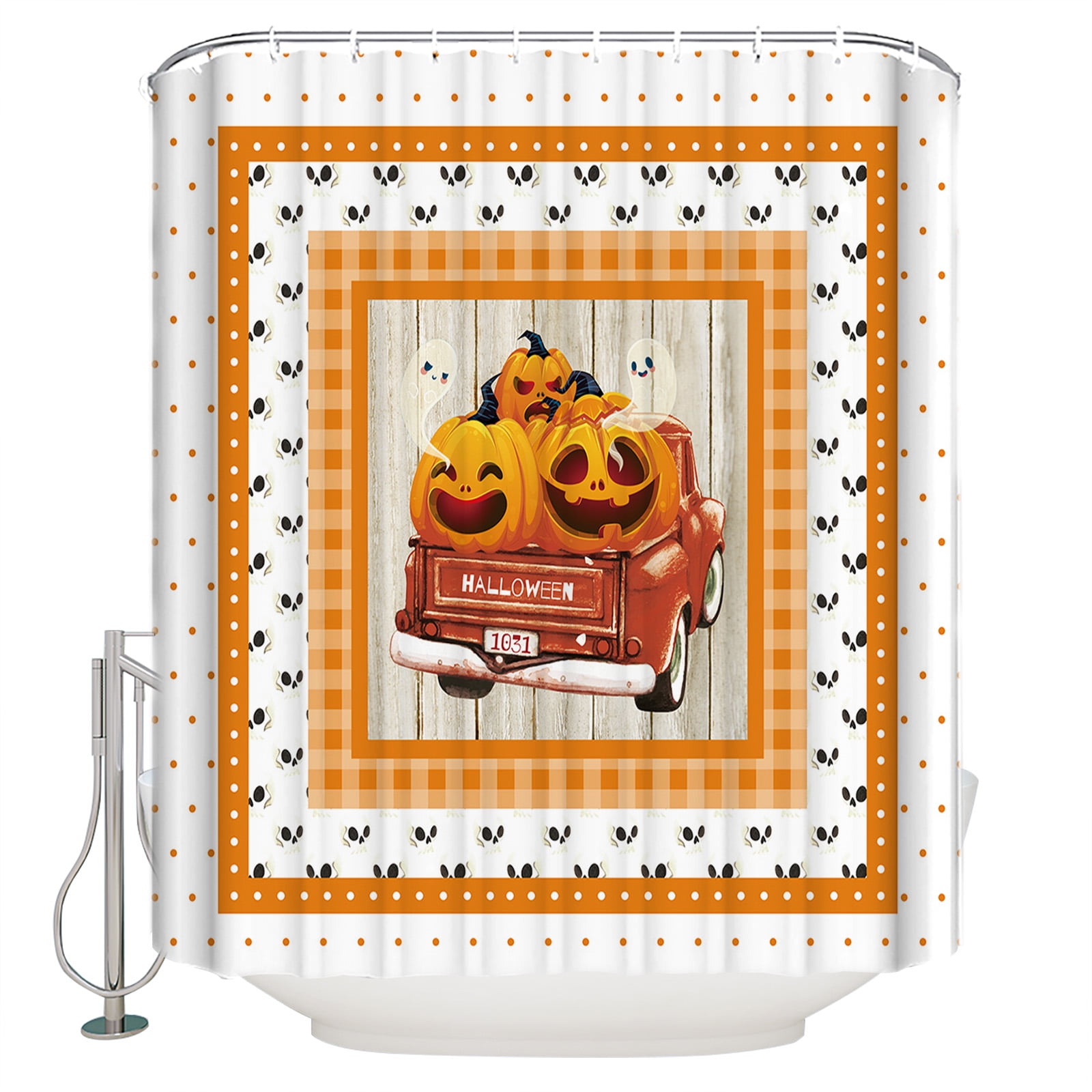 Fabric Shower Curtain, Halloween Autumn Truck Pumpkin Ghost Skull Polka ...