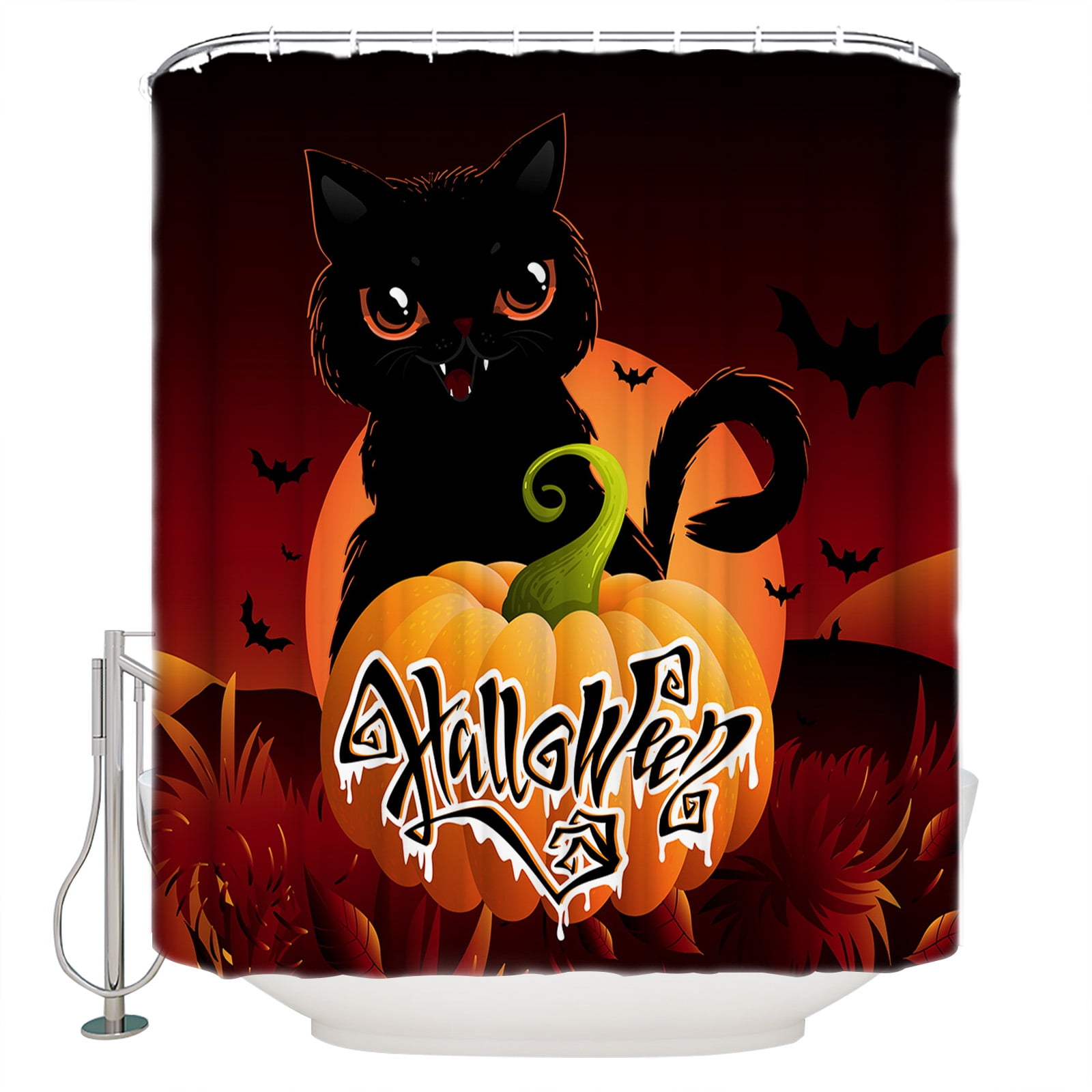 Fabric Shower Curtain, Halloween Black Cat Pumpkin Bat Bathroom Curtain ...