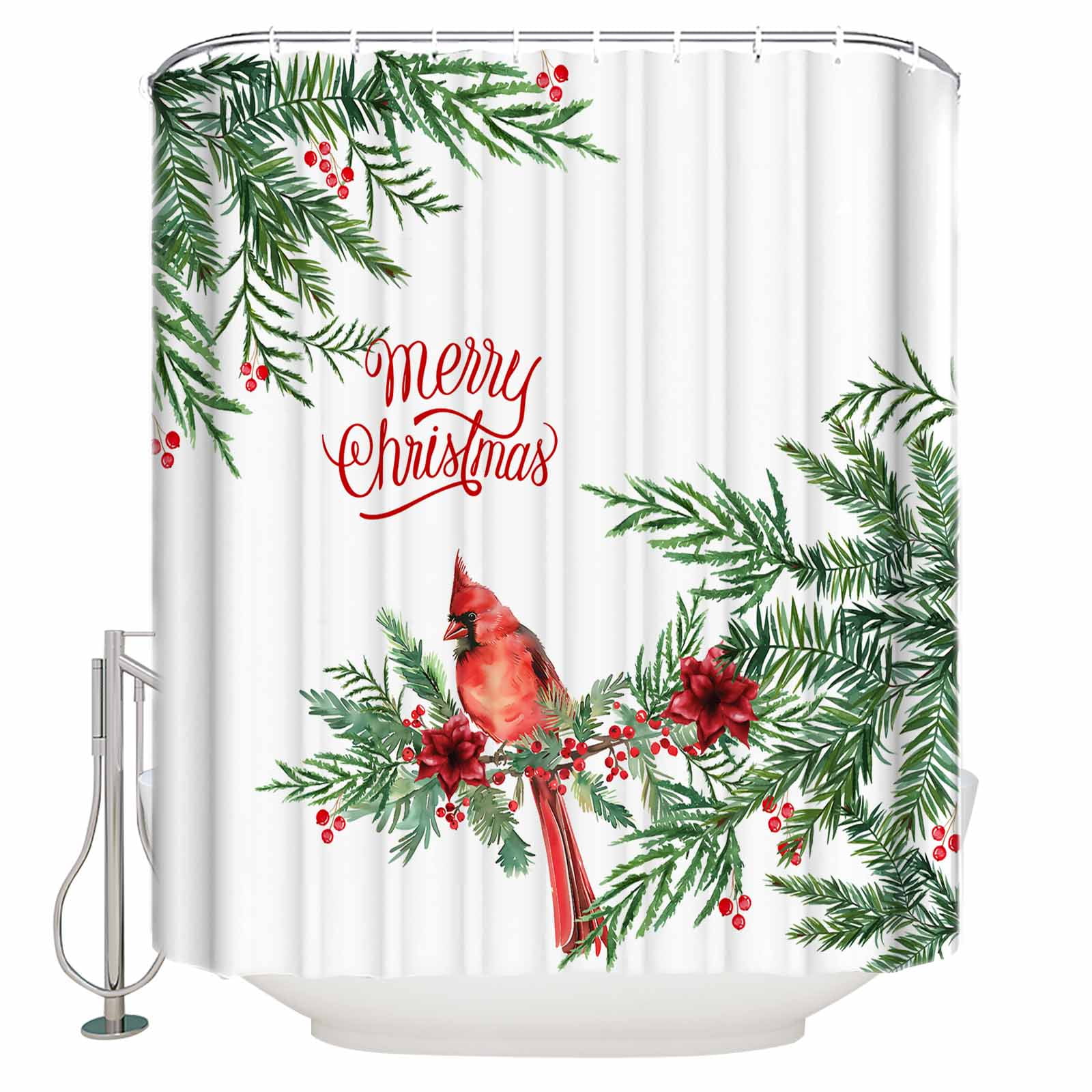 Fabric Shower Curtain, Merry Christmas Cardinal Flowers Evergreen Bough ...