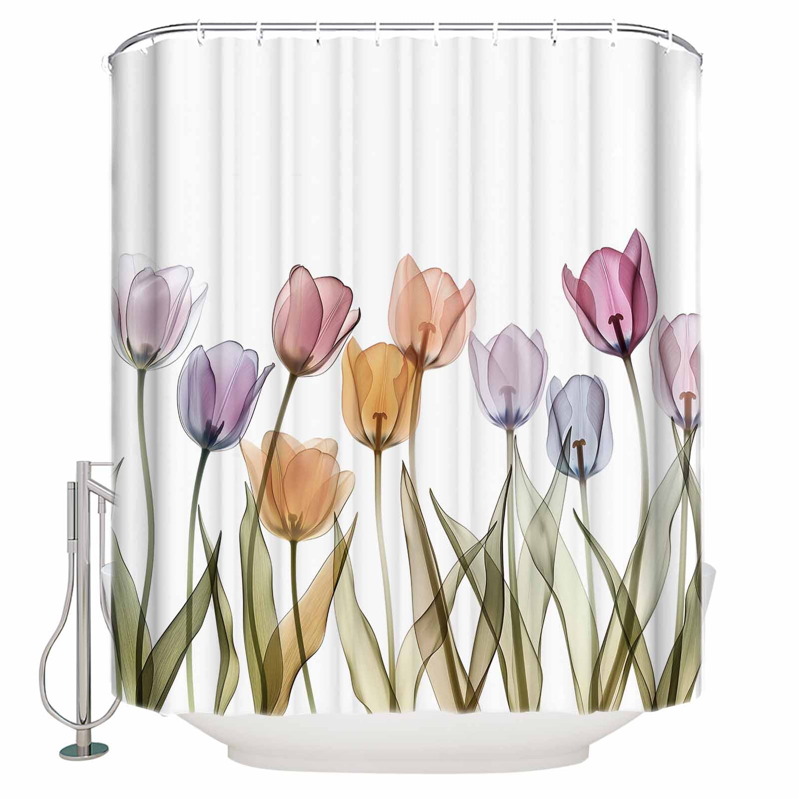 Fabric Shower Curtain, Modern Watercolor Tulip Flower Pattern Bathroom ...
