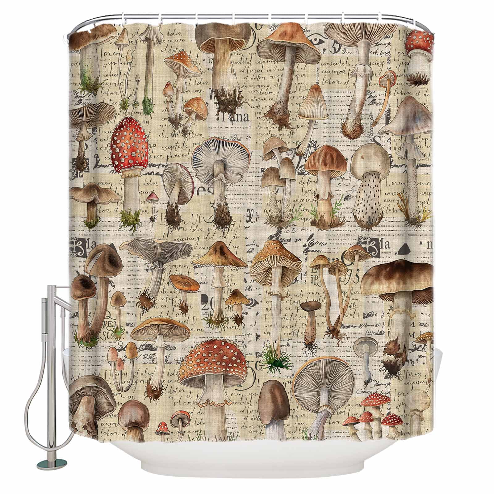 Fabric Shower Curtain, Mushroom Spring Summer Plant Leaves Retro ...