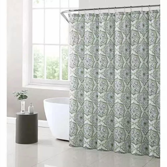 Fabric Shower Curtain Sage Gray Blue White Medallion Design 12Pc Roller ...