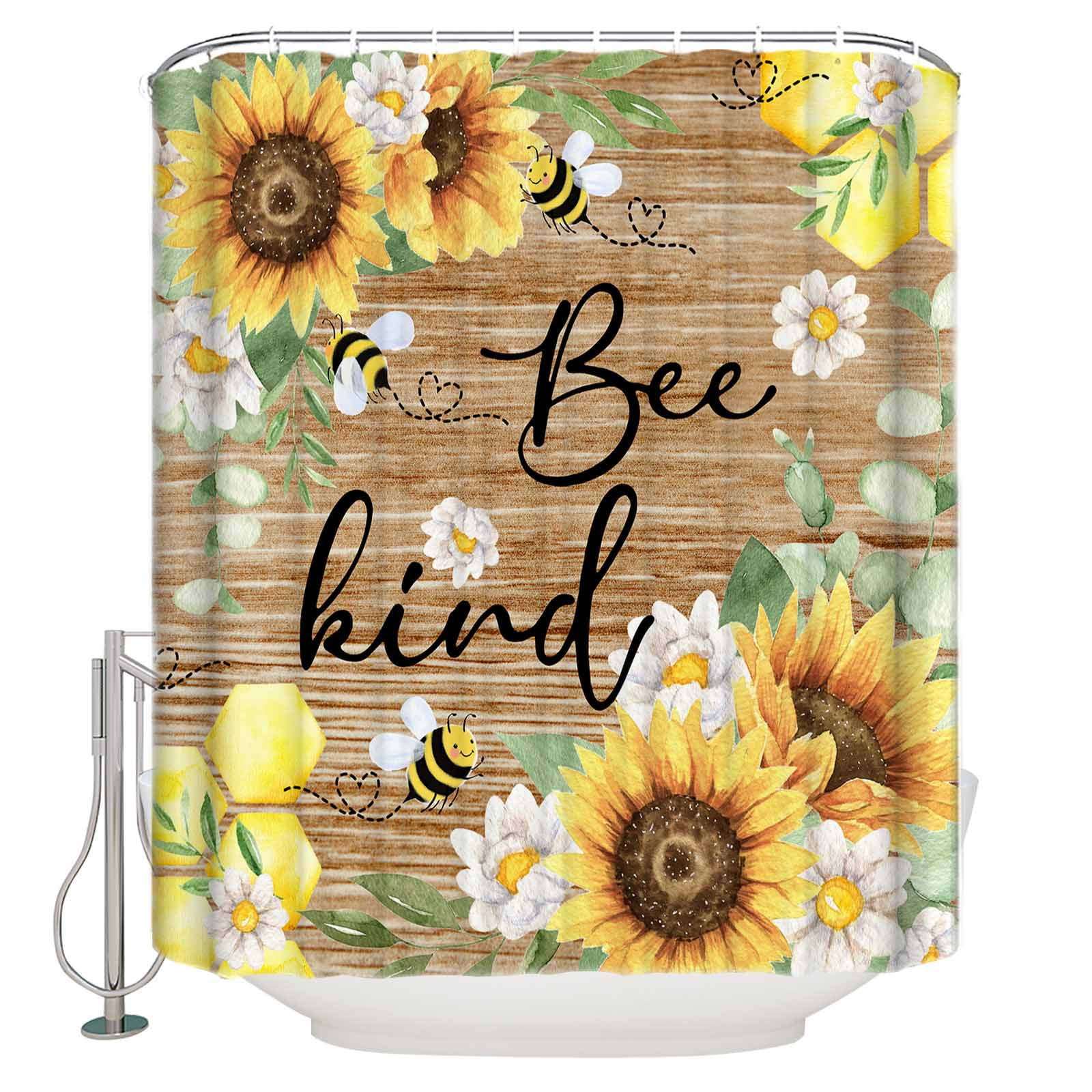 Fabric Shower Curtain, Summer Bee Sunflower Daisy Eucalyptus Honeycomb ...
