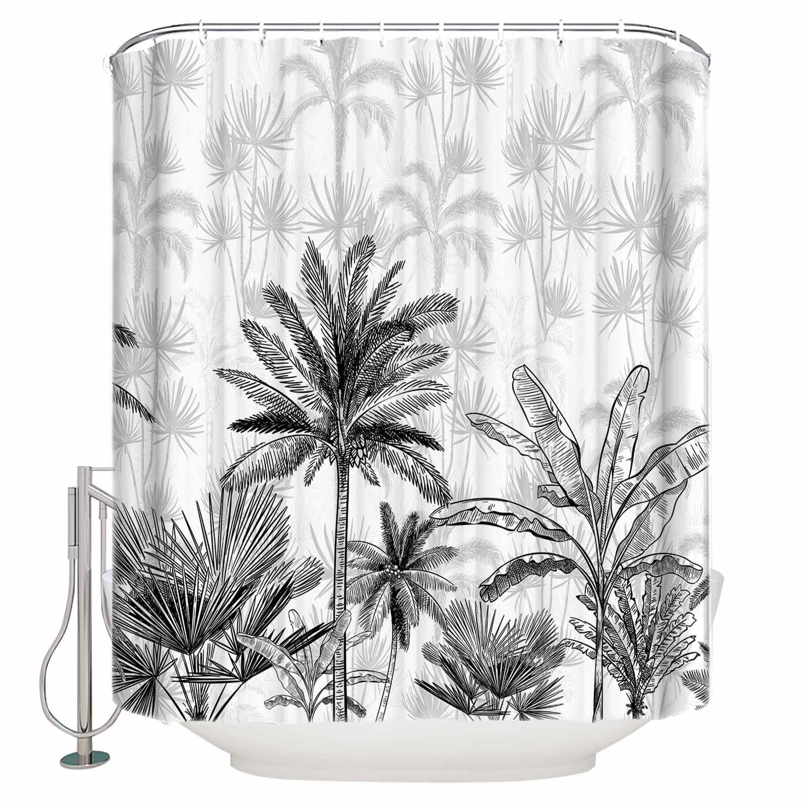 Fabric Shower Curtain, Summer Black Palm Banana Tropical Plants Shower ...