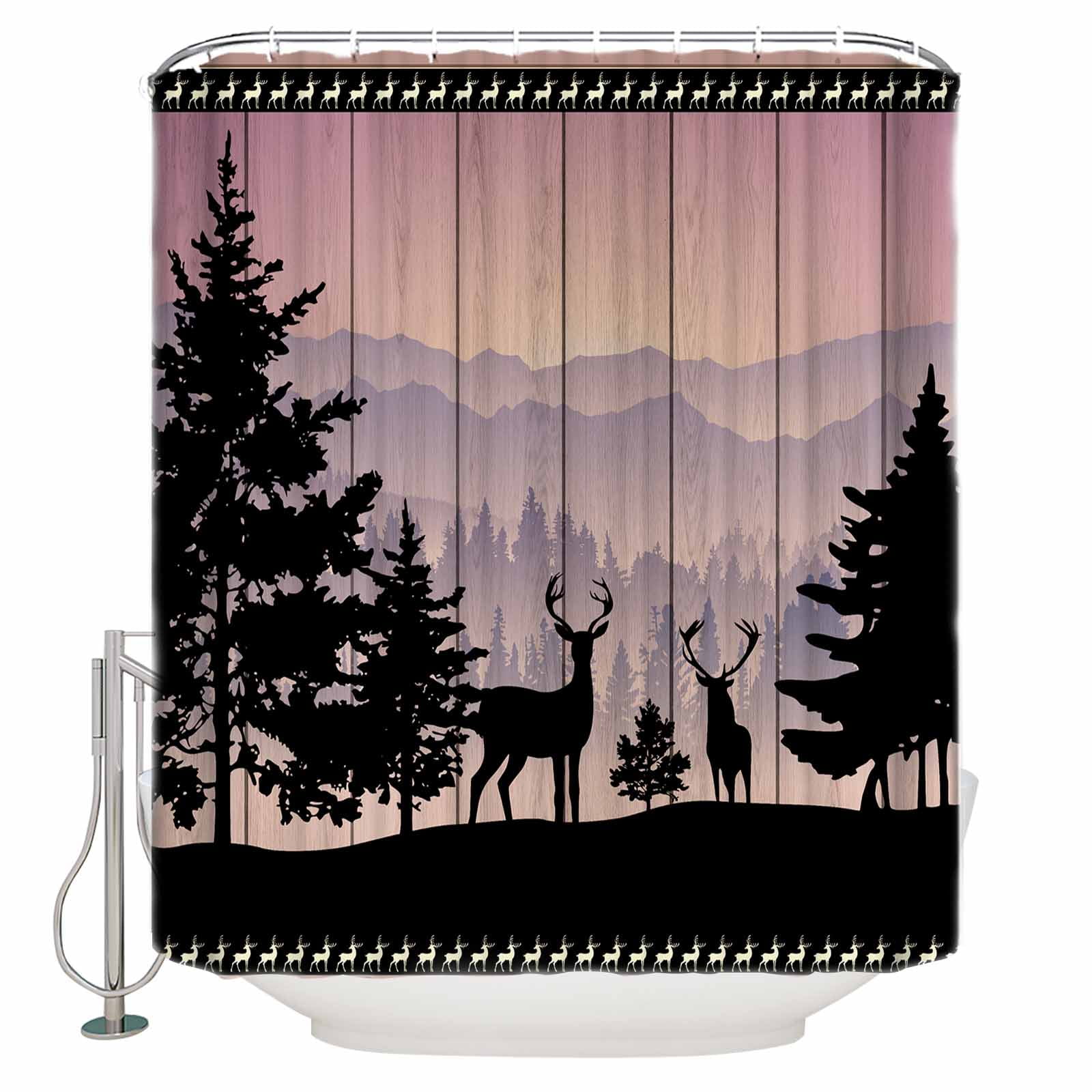 Fabric Shower Curtain, Summer Deer Forest Silhouette in Night Wood ...