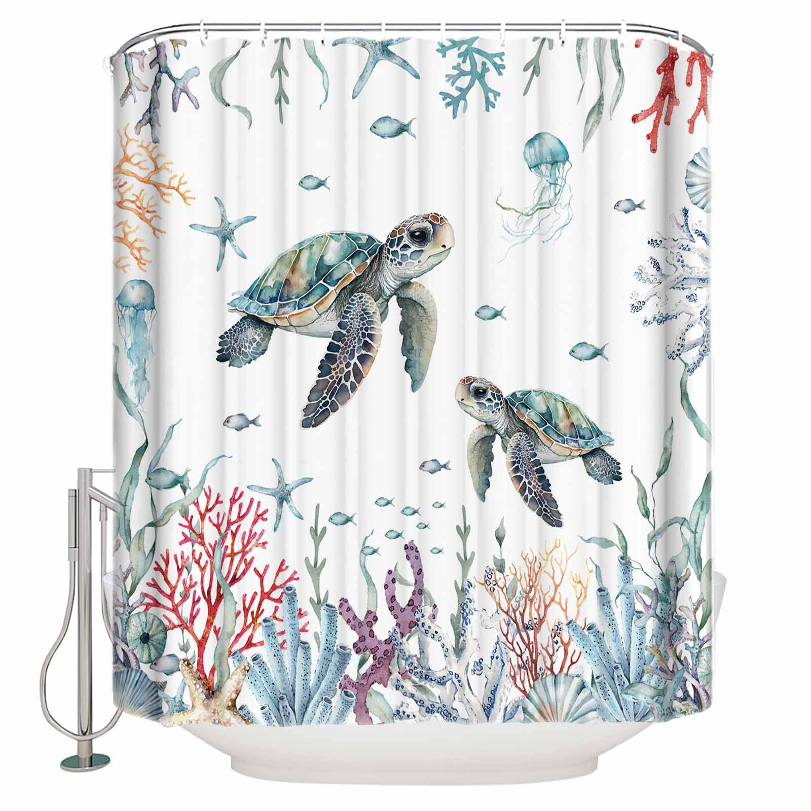 Fabric Shower Curtain, Summer Sea Turtle Ocean Coral Seaweed Shell ...
